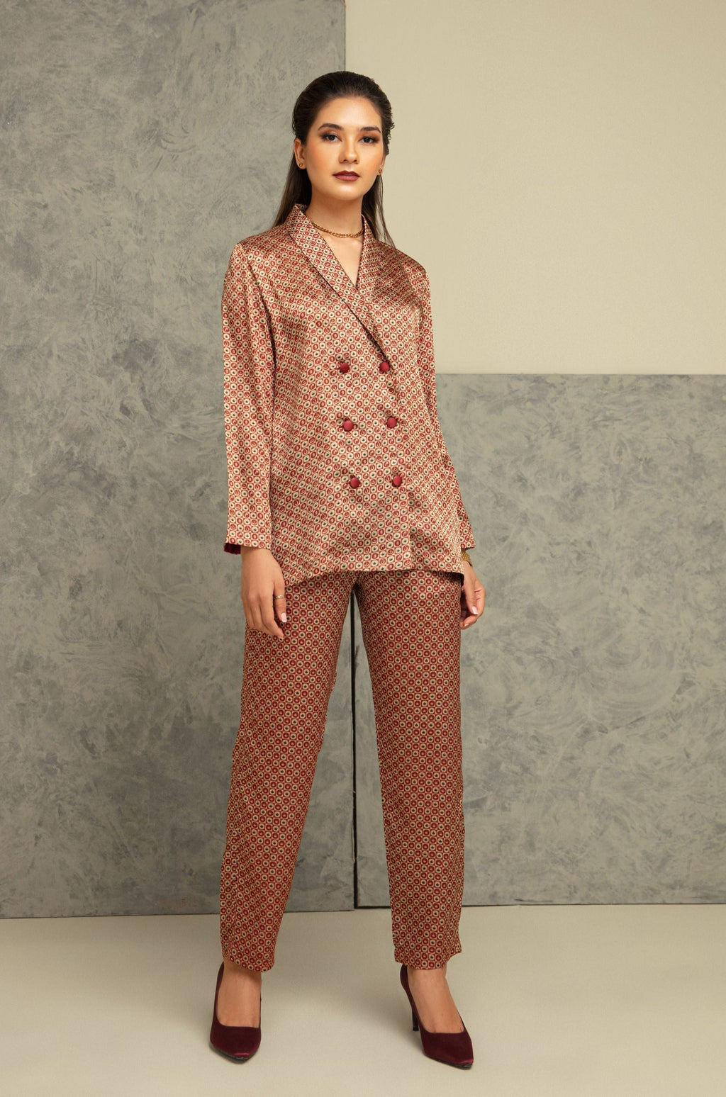 Blocks Silk Co-ord Set - Royal Maroon & Gold – mantouae